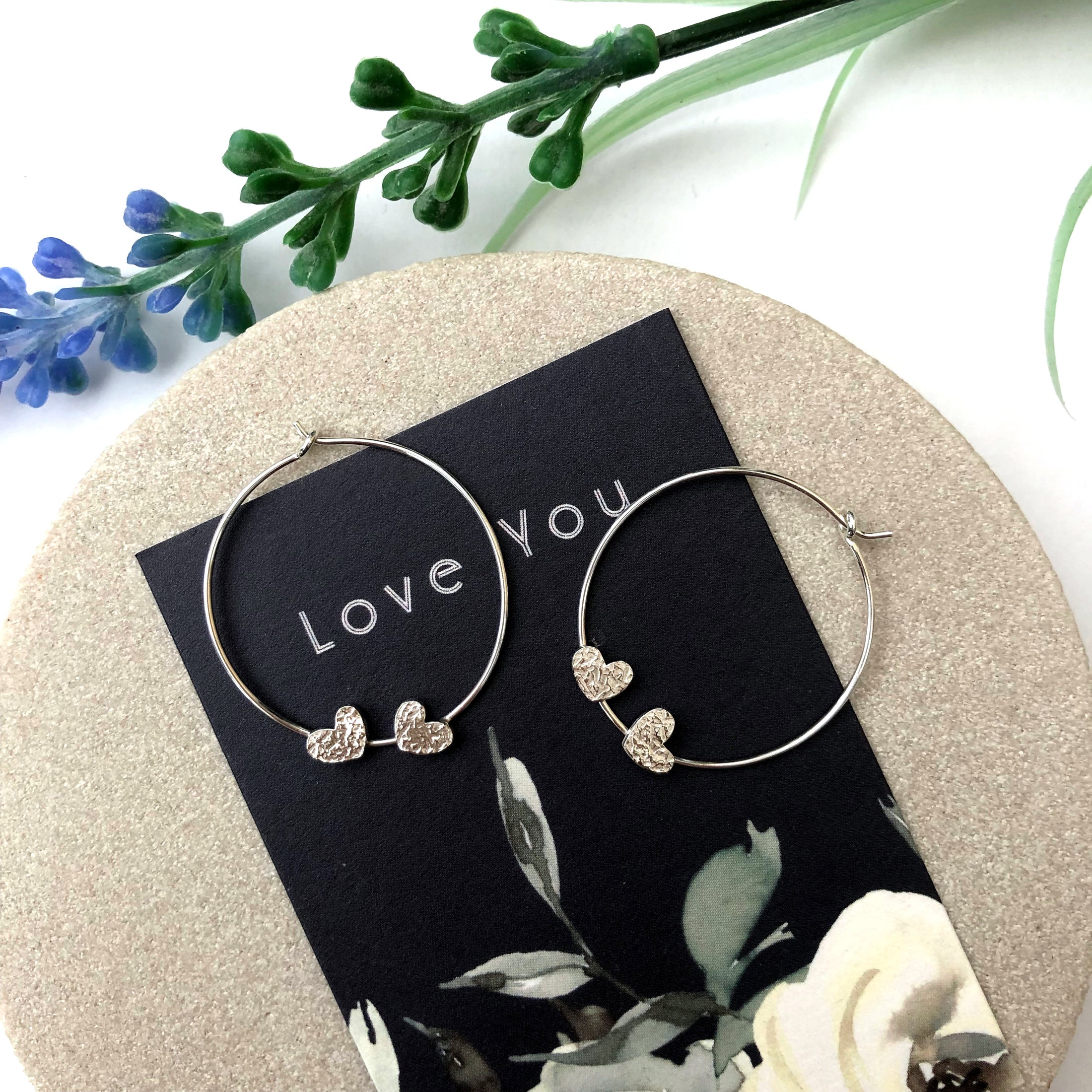 Double Heart Hoop Earrings, Sterling Silver Heart Huggie Hoop - a ring ...